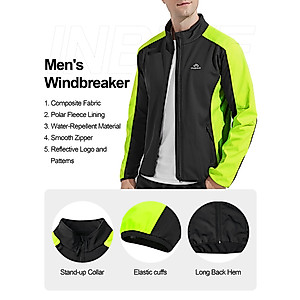 INBIKE Cycling Jacket for Men Running Biking Jackets Mens Windbreaker Reflective Windproof Fleece Lined Cold Weather Black Green Large