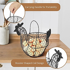 Flexzion Chicken Egg Holder, Small Wire Egg Collecting Basket with Handle for Farm Eggs, Fruits, Vegetables, Metal Wire Chicken Basket Decor for Kitchen, Countertop, Farmhouse Rustic Style, Brown