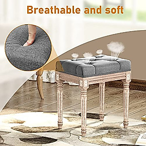 Yusong Vanity Stool Upholstered Bench Seat for Makeup Room, Vintage Small Bedroom Dining Bench with Tufted Fabric for Living Room, Piano Stool with Rustic Wood