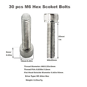 Floyutin 30 PCS M6x25mm 304 Stainless Steel Metric Hex Socket Bolt Cap Head Screws Bulks, Full Threaded