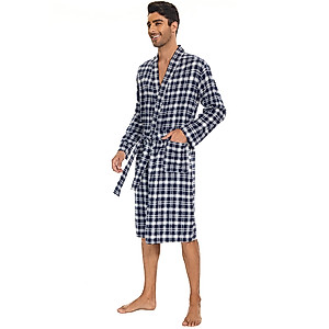 Zerbala Men's Flannel Robe Knee Length Plaid Bathrobe M Navy