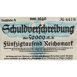 1940 DE RARE ORIGINAL 50,000 MARK NAZI WAR BOND w BLUE EAGLE, 2 SWASTIKAS 50,0000 Marks Crisp Uncirculated