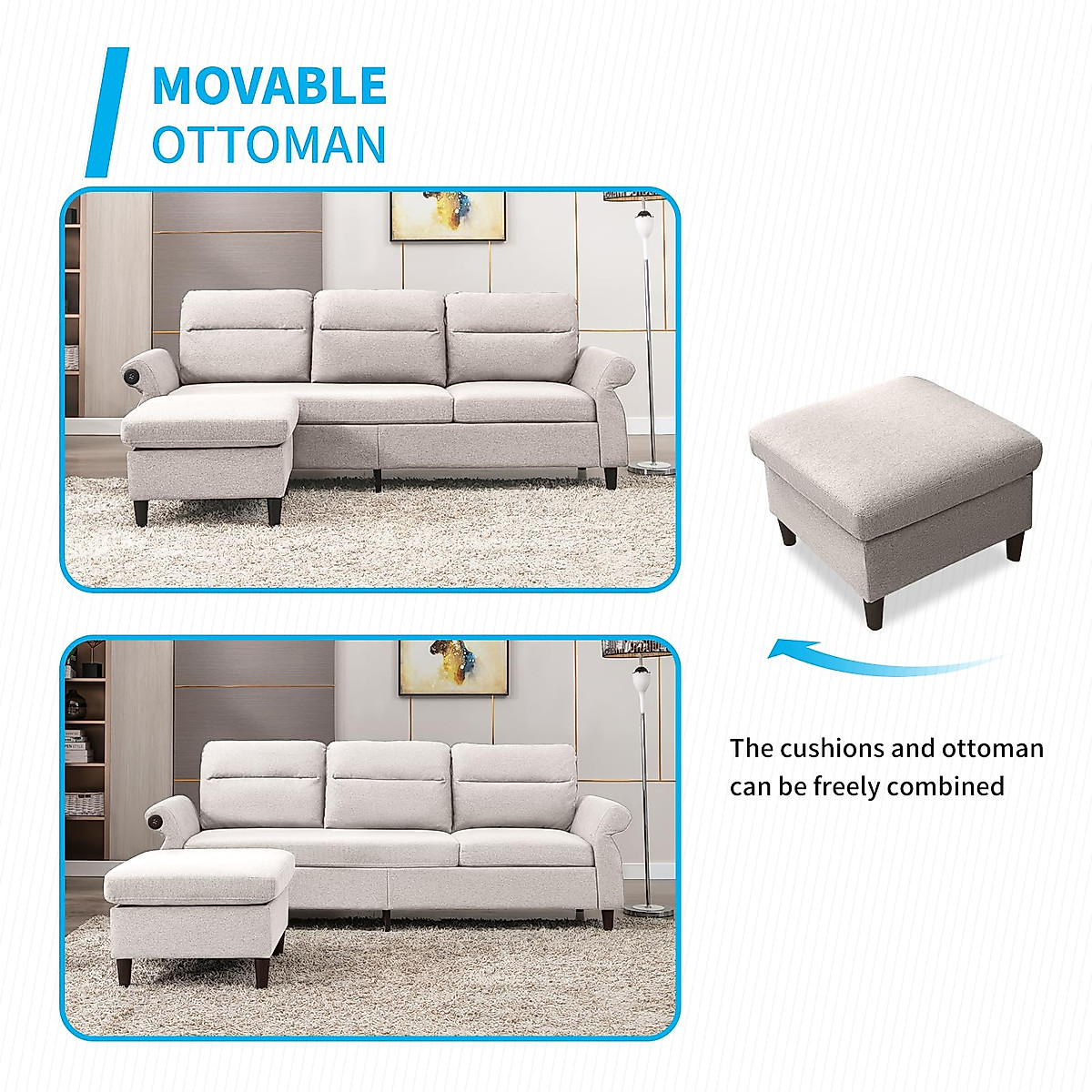 Mjkone 86" Convertible Sectional Sofa Couch, 3 Seat Sofas with 2 USB Ports and Adjustable Armrest, L Shaped Couch with Reversible Chaise, Couches for Living Room Apartment Office - Beige