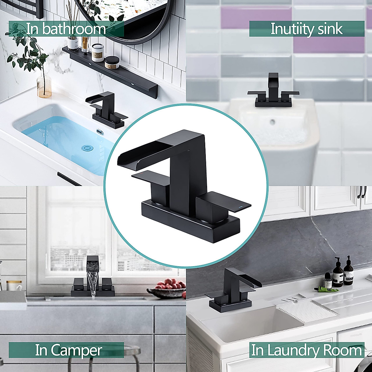 HAMOLER 4 Inch Centerset Waterfall Bathroom Faucet 2 Handle 3 Hole Basin Faucet with Pop Up Drain with Overflow, Vanity Faucet Matte Black