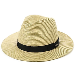 Comhats Men Sun Straw Fedora Hat for Women,Packable Beach Hat Wide Brim Panama Hat UV UPF 50+ Summer Hat Unisex Beige Large XXL