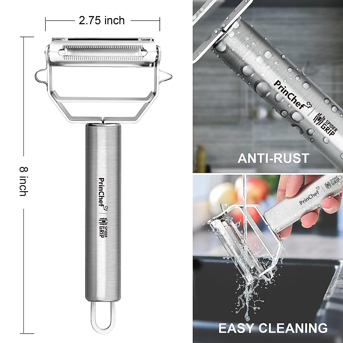 PrinChef Vegetable Peeler, 3 in 1 Versatile Y Potato Peeler for Kitchen| Ultra Sharp Julienne Peeler with Anti-Slip Handle | Stainless Steel No-Rust Veggie Peeler, Heavy Duty