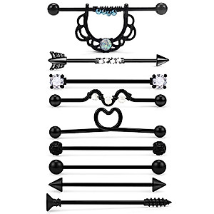 Prjndjw 14G Industrial Earrings For Women Mne Opal Heart surgical steel industrial piercing jewelry barbell Arrow screw external thread jewelry black industrial piercing jewelry 38MM