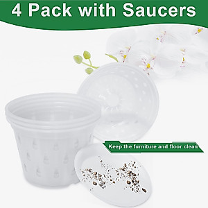 Kecio 4 Pack Clear Plastic Orchid Pots with Holes and Saucers, 7 Inch, Suitable for Indoor and Outdoor Use