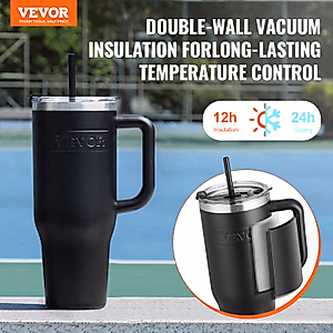 VEVOR 40 oz Insulated Water Bottle, Stainless Steel Sports Coffee Cup with Lid, Handheld Travel Coffee Mug Double Walled, Camping Hydration Flask Leakproof, for Indoor/Outdoor School, Work, Black
