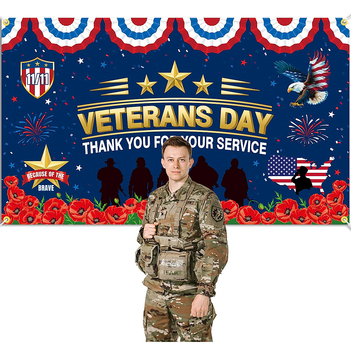 JKQ Veterans Day Thank You for Your Service Backdrop Banner 73 x 43 Inch Thank You Veterans Banner America Patriotic Party Decorations Honoring All Who Served Indoor Outdoor Photo Booth Props