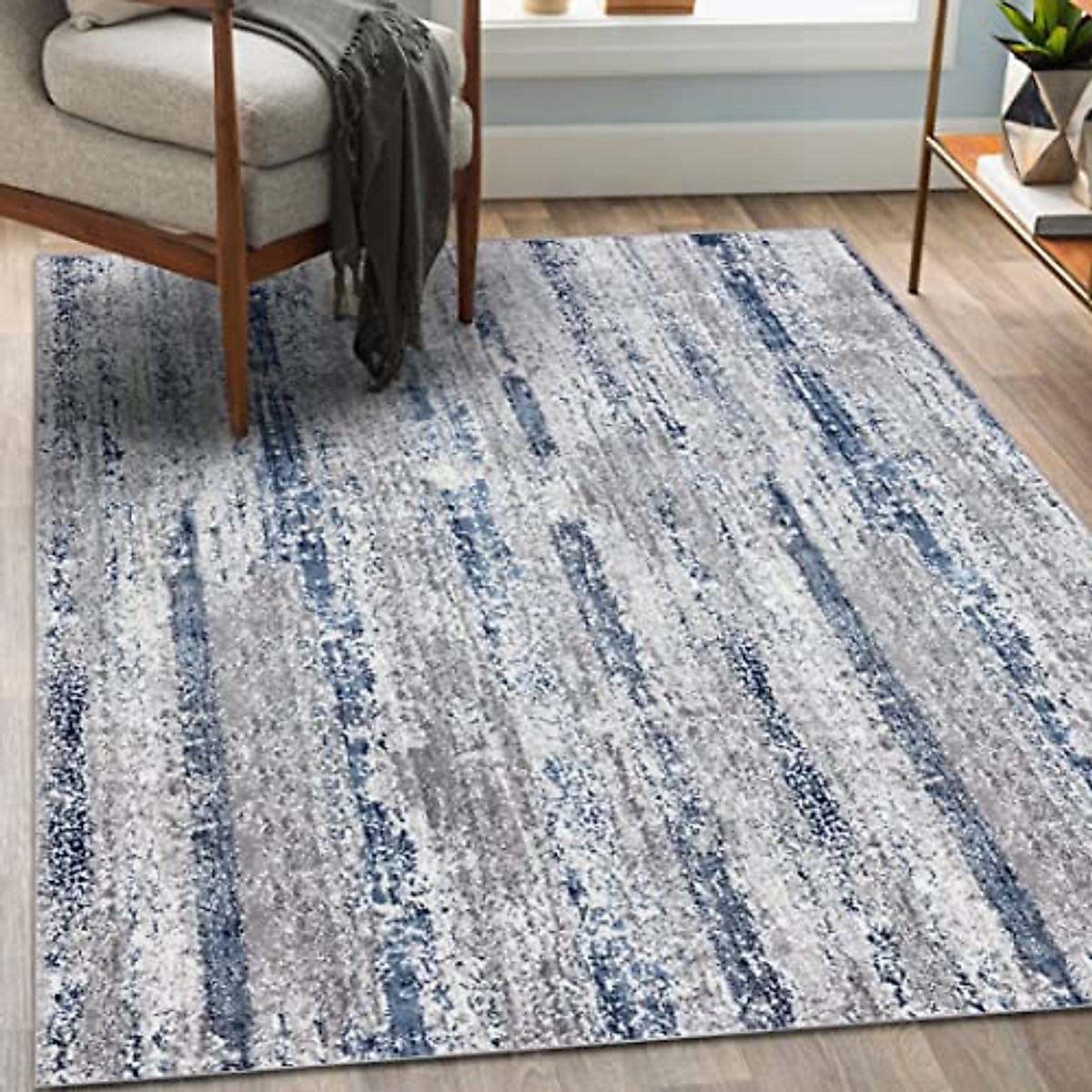 LUXE WEAVERS Modern Distressed Striped Area Rug Blue 8x10, Stain Resistant Carpet
