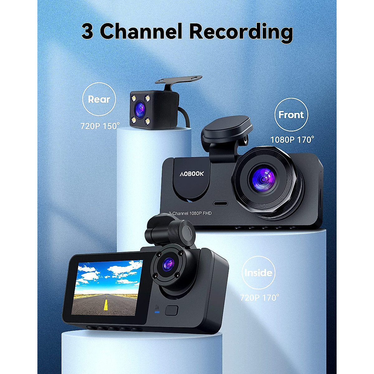 Dash Cam Front and Rear Inside, 3 Channel Dash Camera 1080P Full HD with 32GB SD Card, Car Camera with 2.0’’ IPS Screen, Night Vision, WDR, G-Sensor, Loop Recording, Parking Mode, Motion Detection