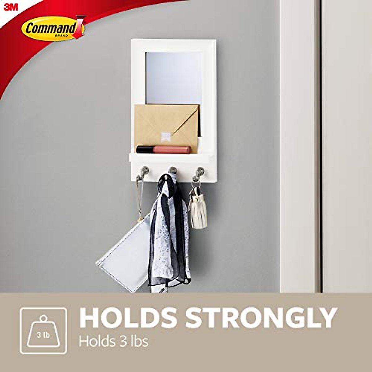 Command Mirror Organizer, Quartz, 1-Organizer with Key Hooks, 8-Medium Strips (HOM24MQ-ES), Great for dorm decor