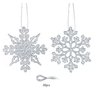 36Pcs Plastic Snowflake Ornaments, Christmas Silver Glitter Snowflake Hanging 4 Inches Large Snowflake Pendants Decorations for Christmas Tree Window Wedding Embellishing Party Decorations(Silver)