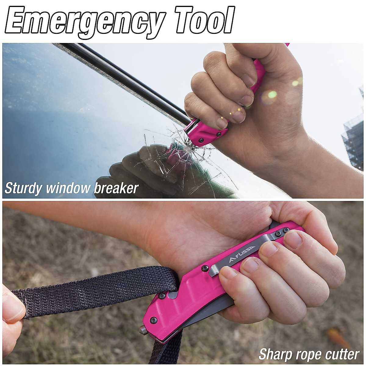 FLISSA Folding Pocket Knife, Tactical Knife with Liner Lock, Tanto Blade, Pocket Clip, Glass Breaker, Seatbelt Cutter, Perfect for Hunting, Camping, Survival (Pink)