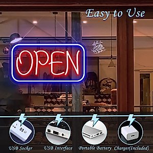 Neon Open Sign, Open Signs for Business, 16.5"x 8.4" Open Sign Led, Open Signs for Business Window With Adjustable Brightness, Open Neon Sign, Powered by USB with ON/OFF Switch