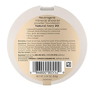 Neutrogena Mineral Sheers Compact Powder Foundation, Lightweight & Oil-Free Mineral Foundation, Fragrance-Free, Natural Ivory 20,.34 oz (Pack of 2)