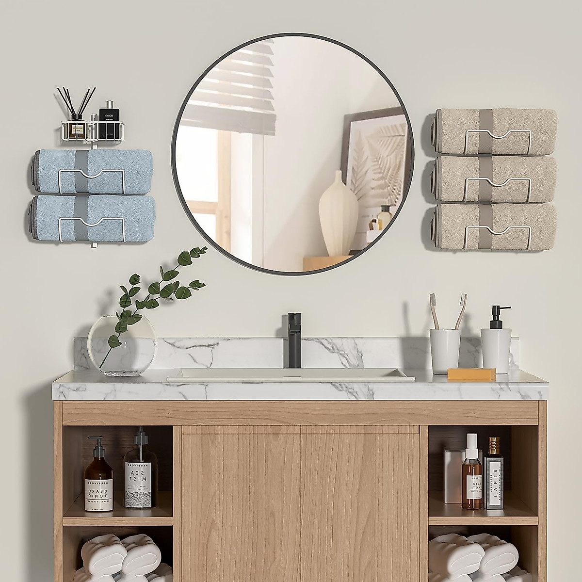 X-cosrack 6-Tier Over The Door Towel Racks for Bathroom - Wall Mounted Metal Towel Holder - Adjustable Rolled Towel Organizer Hanging Towel Storage, Matte White