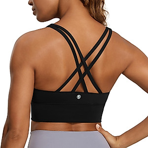 CRZ YOGA Womens Strappy Longline Sports Bra - Medium Impact Criss Cross Yoga Padded Workout Crop Top Black Medium