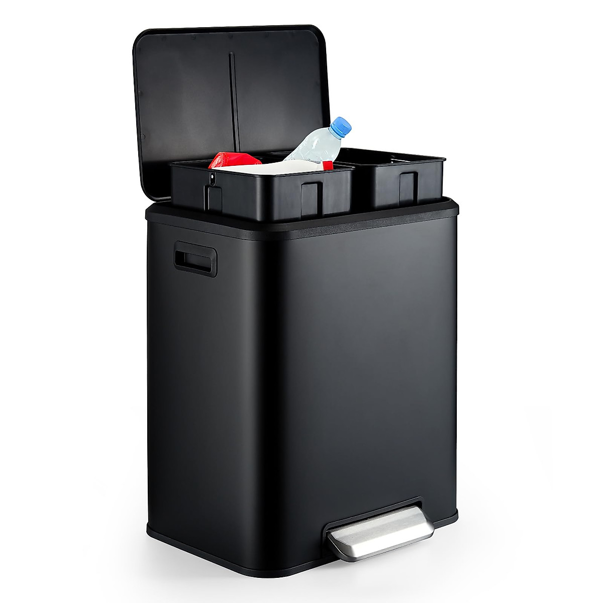 WELYFE 30 L/8 Gallon Trash Can, Rectangular Dual Compartment Recycling Step Bin, Stainless Steel Kitchen Trash Can, Removable Inner Box, Suitable for Kitchen, Office - Black