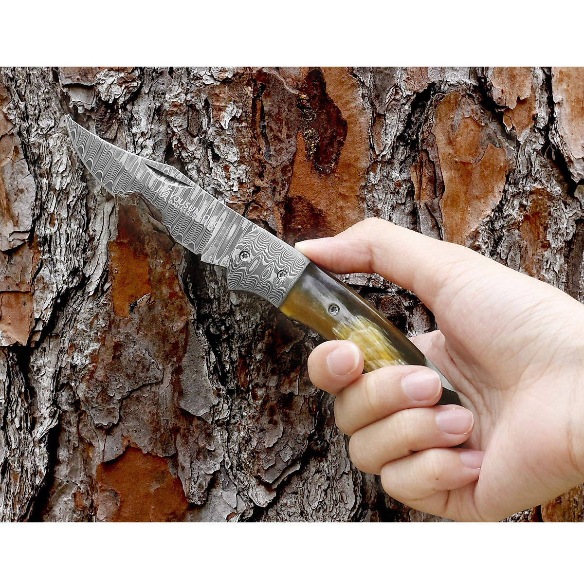 YOUSUNLONG Folding Knife - Overall 176mm - Japanese Damascus Steel Blade - Natural Bull Horn Handle with Leather sheath and natural walnut wooden knife box for camping hiking fishing