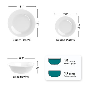 Dinnerware Set, HomeElves Square 18-PCS Kitchen Opal Dishes Set Service for 6, Lightweight Glass Plates and Bowls Set, Break and Chip Resistant, Safety for Microwave & Dishwasher