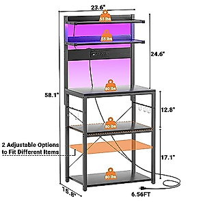 Aheaplus Bakers Rack with Power Outlet, Microwave Stand, 5 Tiers Coffee Bar Station with Led Lights, Kitchen Storage Shelf with 6 S-shaped Hooks, Kitchen Rack for Spices, Pots and Pans, Black