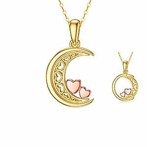 14K Gold Moon Hearts Necklace for Women, Rotating Moon Design, Real Gold Love Heart Moon Pendant Jewelry Mothers for Her, Wife, Mom 18 Inch