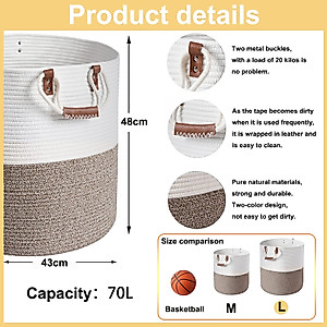 WSNYY Large Cotton Rope Basket, Storage Basket, Woven Laundry Hamper, Toy Storage Bin, Nursery Storage Basket, Baby Bin Organizer, White & Brown, 17x19 Inches