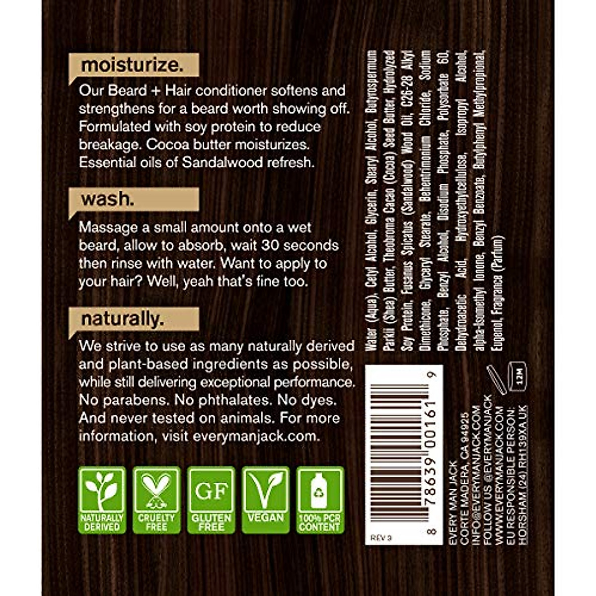 Every Man Jack Beard + Hair Conditioner - Sandalwood | 6.7-ounce - 1 Bottle | Naturally Derived, Parabens-free, Pthalate-free, Dye-free, and Certified Cruelty Free