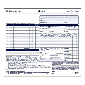 Adams Auto Repair Order Forms, 8.5 x 7.44 Inch, 3-Part, Carbonless, 50-Pack, White and Canary (GT3870)