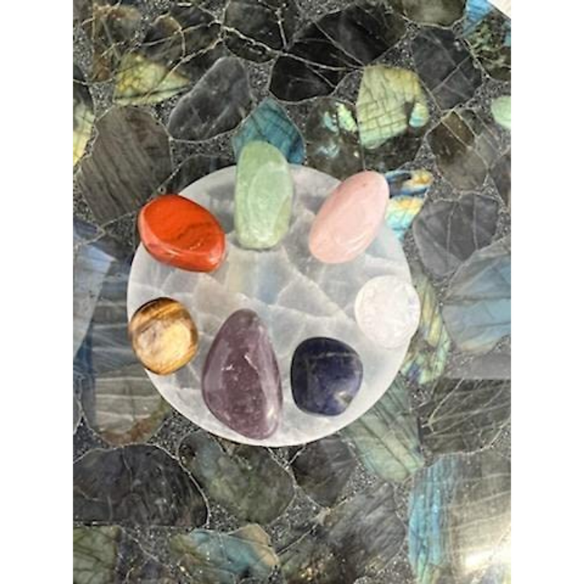 CrystalsAhoy 3" Selenite Charging Plate with TWO Chakra Sets included, polished round and double pointed chakra crystals