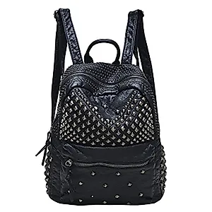 Womens Studded Black Leather Backpack Casual Pack Fashion School Bags for Girls