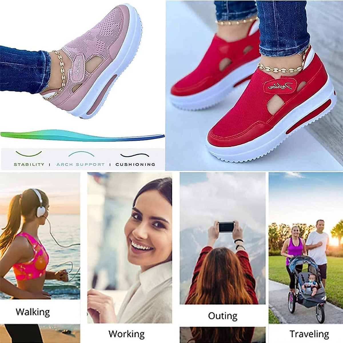 2023Women's Orthopedic Shoes,Casual Breathable Mesh Flat Sneakers,Round Toe Thick Heel Buckle Hook Loop Work Shoes (Black,10,10)