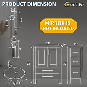 eclife 24" Modern Bathroom Vanity Sink Combo Black Stand Cabinet with Brown Round Tempered Glass Vessel Sink & Water Save Faucet & Pop Up Drain (A09)