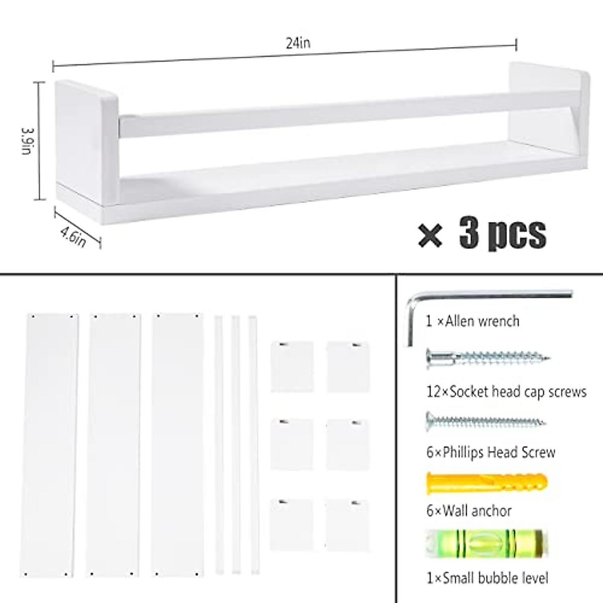 AZSKY White Floating Bookshelf 24 Inches of 3 Nursery Bookshelves Wall Mounted Floating Shelf for Kids Room Cosmetic Storage Shelves Bathroom Storage Shelves Display Shelf Toy Storage Shelves
