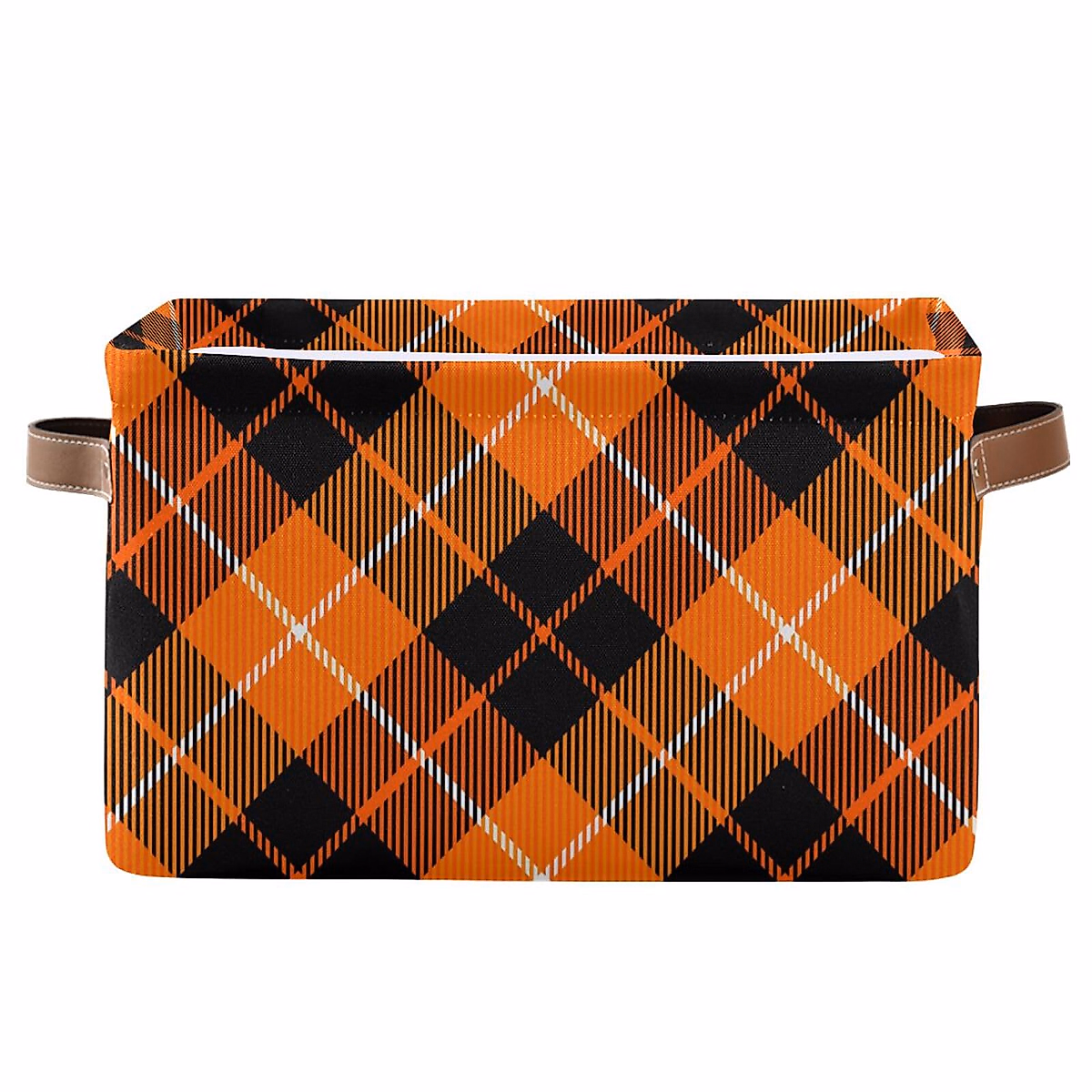 NFMILI Orange Black Plaid Storage Basket, Fabric Storage Cubes Bins, Open Home Storage Bins with Handle 14.2 x 10.2 x 8.3 in