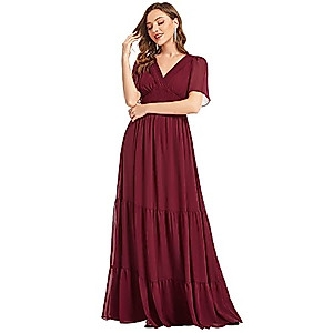 Ever-Pretty Women's Chiffon V Neck Back Lace up Short Sleeves Pleated Maxi Bridesmaid Dress Burgundy US10