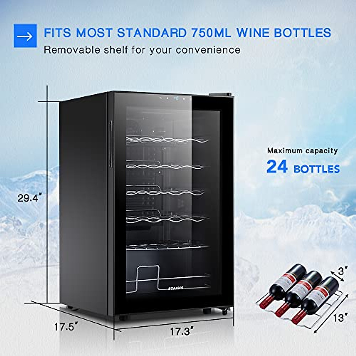 STAIGIS Wine Cooler Refrigerator Freestanding, Mini Wine Fridge 24 Bottle w/Digital Control, Countertop Mini Fridge for Red & White, Glass Door