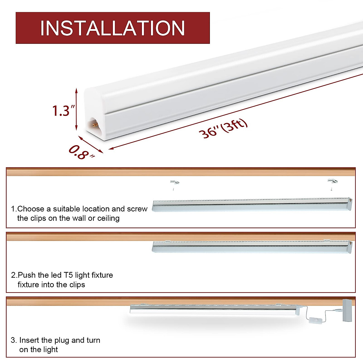 Kihung (8 Pack) LED T5 3FT Tube Light Fixture, 15W, 1800lm, 6500K, 3 Foot Linkable LED Shop Light Tube, Ceiling, Workshop, Corded Electric with Built-in ON/Off Switch