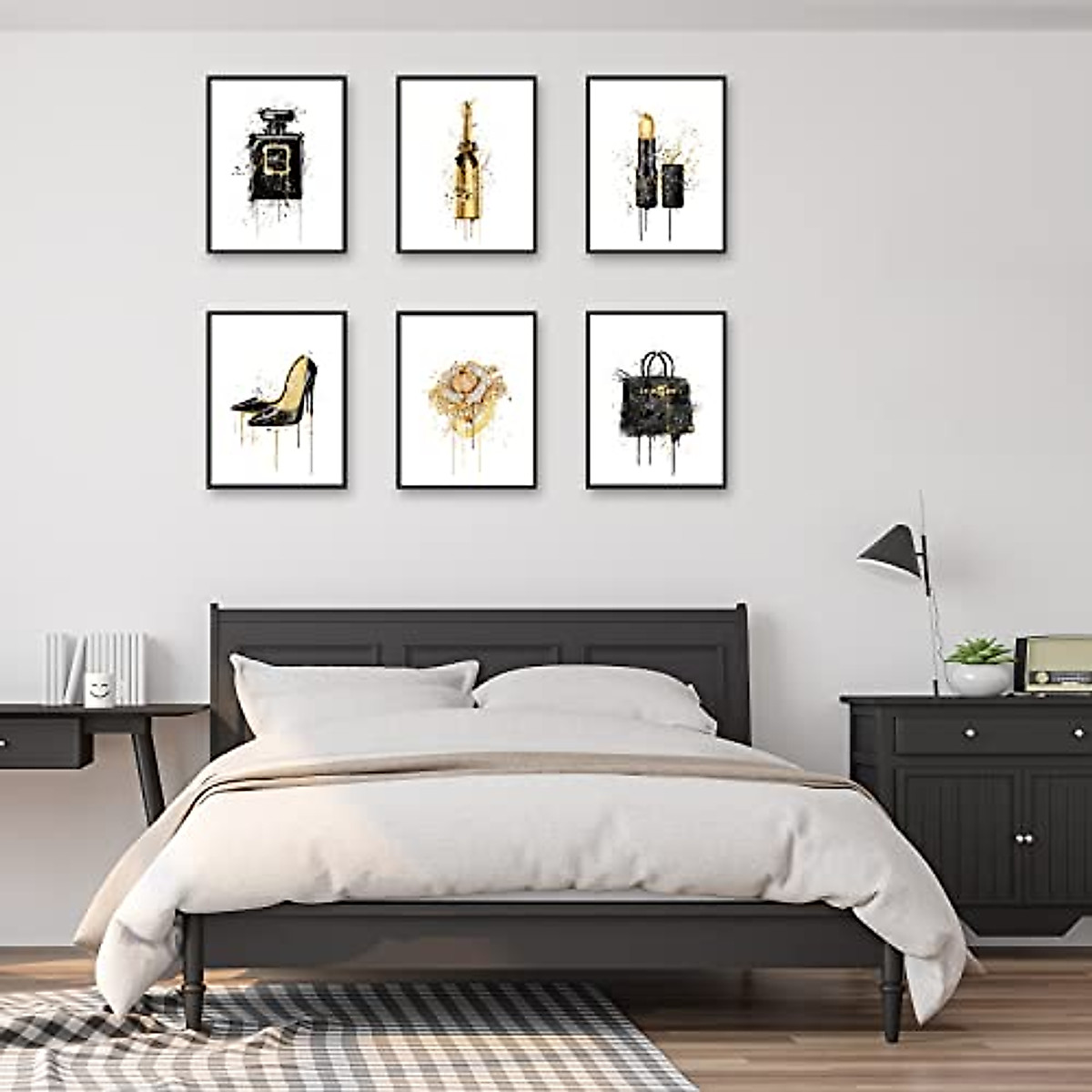 HoozGee Fashion Art Watercolour Splash Gold Champagne Black Perfume Bottle Lipstick Ring Jewelry High Heel Handbag Wall Art Prints Poster Girly Room Decor Bedroom Wall Decor (8"x10" UNFRAMED)