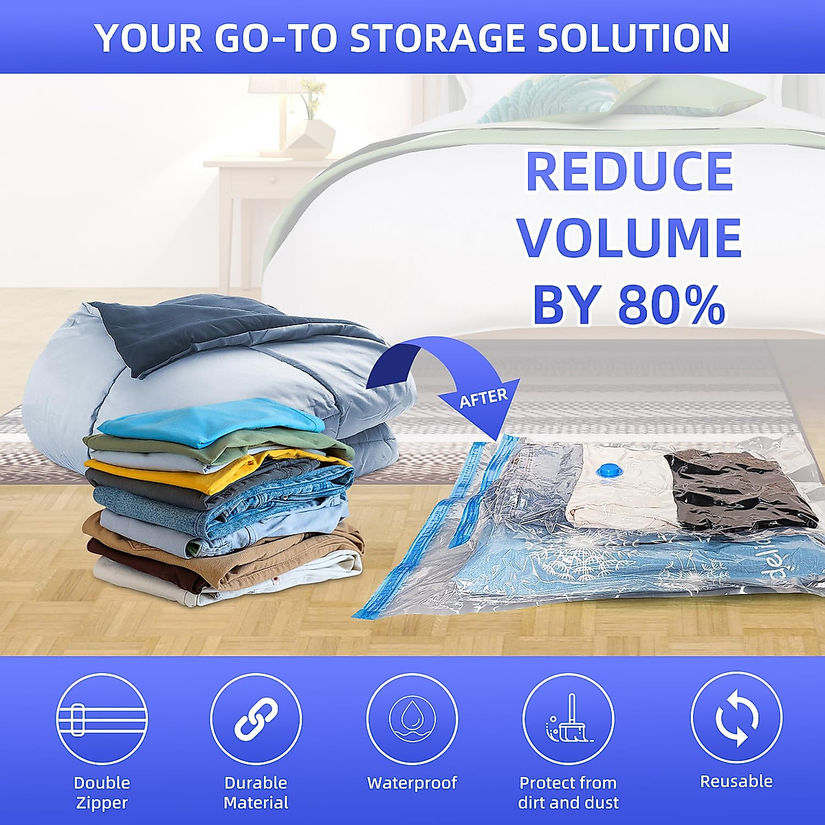 10 Pack Vacuum Storage Bags, Space Saver Bags with Hand Pump, Vacuum Seal Bags for Clothing, organization and storage Comforters, Pillows, Towel, Blanket Storage, Bedding,moving supplies.