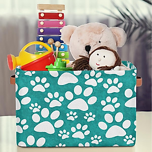 Teal and White Dog Paw Foldable Storage Basket Bin Large Fabric Kids Toys Storage Cube Box with Handles Collapsible Closet Shelf Cloth Organizer Basket for Nursery Bedroom Shelves Laundry