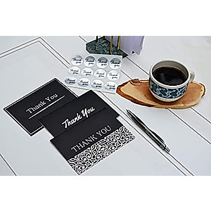 120 Elegant Thank You Cards in Black with Matching Black Envelopes and Sealing Stickers - Thick Quality Cardstock 6 Designs Bulk Notes Embossed with Silver Foil Letters, 4x6 Inches Folded