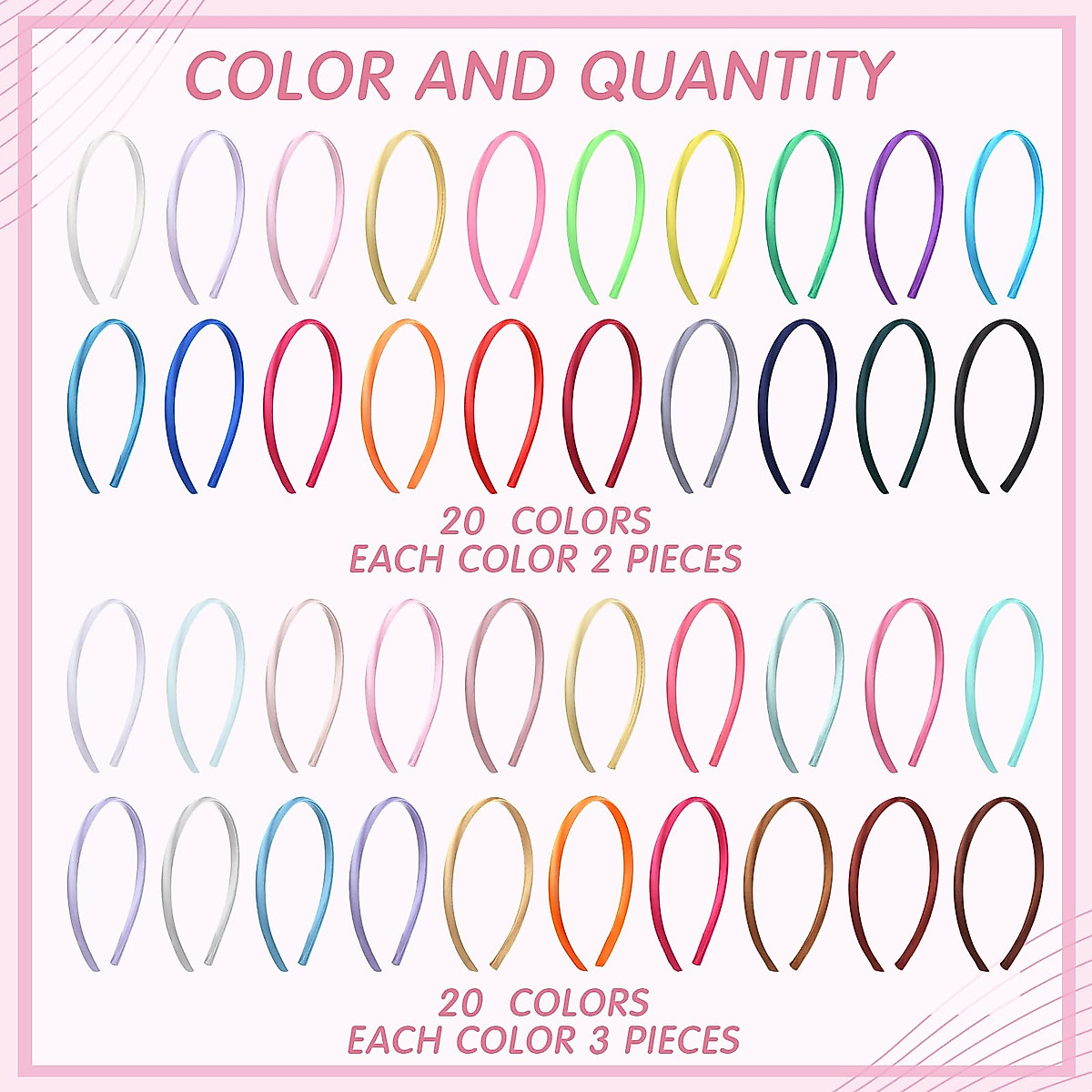 XunYee Satin Covered Headbands for Women - 100 Pieces 0.4 Inch Width Colorful Thin Plain Hairbands (Multi Colors)