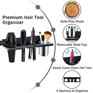 Hair Tool Organizer Wall Mounted - Wooden Hair Dryer Holder, Blow Dryer Holder for Bathroom, Rustic Hair Styling Tools Organizer for Flat Iron, Curling Wand, Hair Straighteners, Brushes, Black