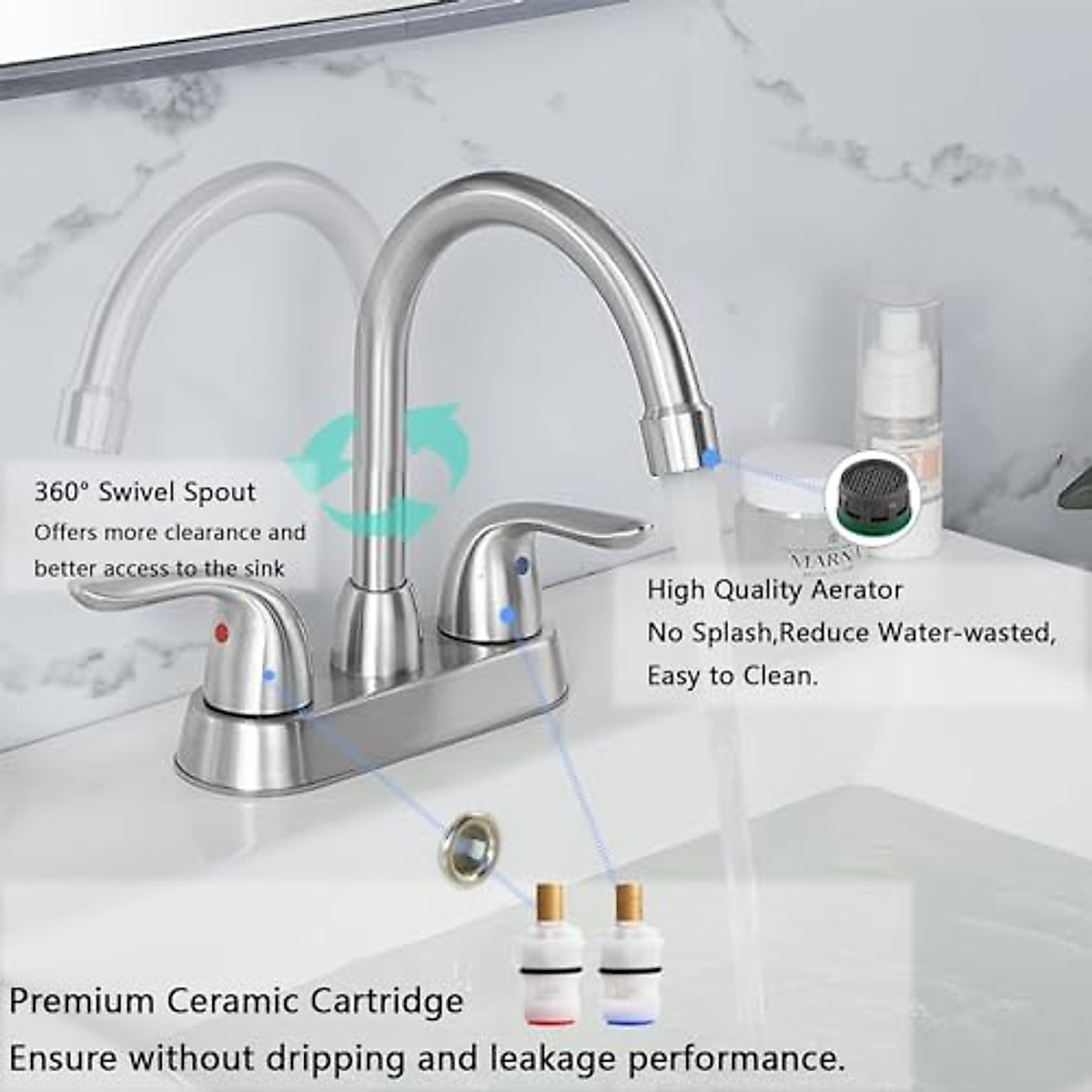 VCCUCINE Bathroom Faucet Brushed Nickel, Bathroom Faucets for Sink 3 Hole, 4 Inch Centerset 2 Handle Bathroom Sink Faucet, 360° Swivel Spout Bath Rv Lavatory Vanity Faucet