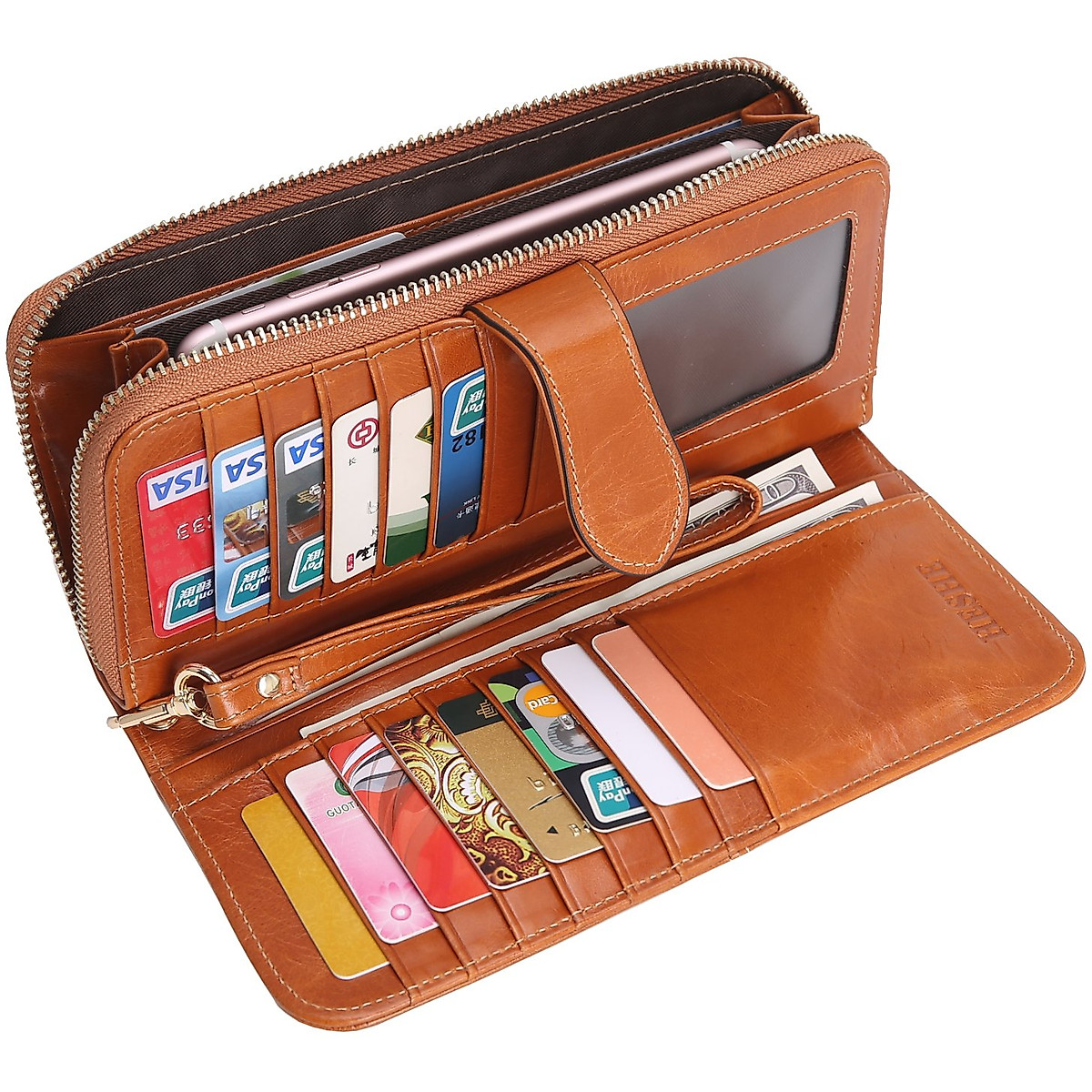 HESHE Wallet Purse for Women Leather Wristlet Wallet Zipper Credit Card Holder Rfid Wallet with Phone Pocket (Camel-E)