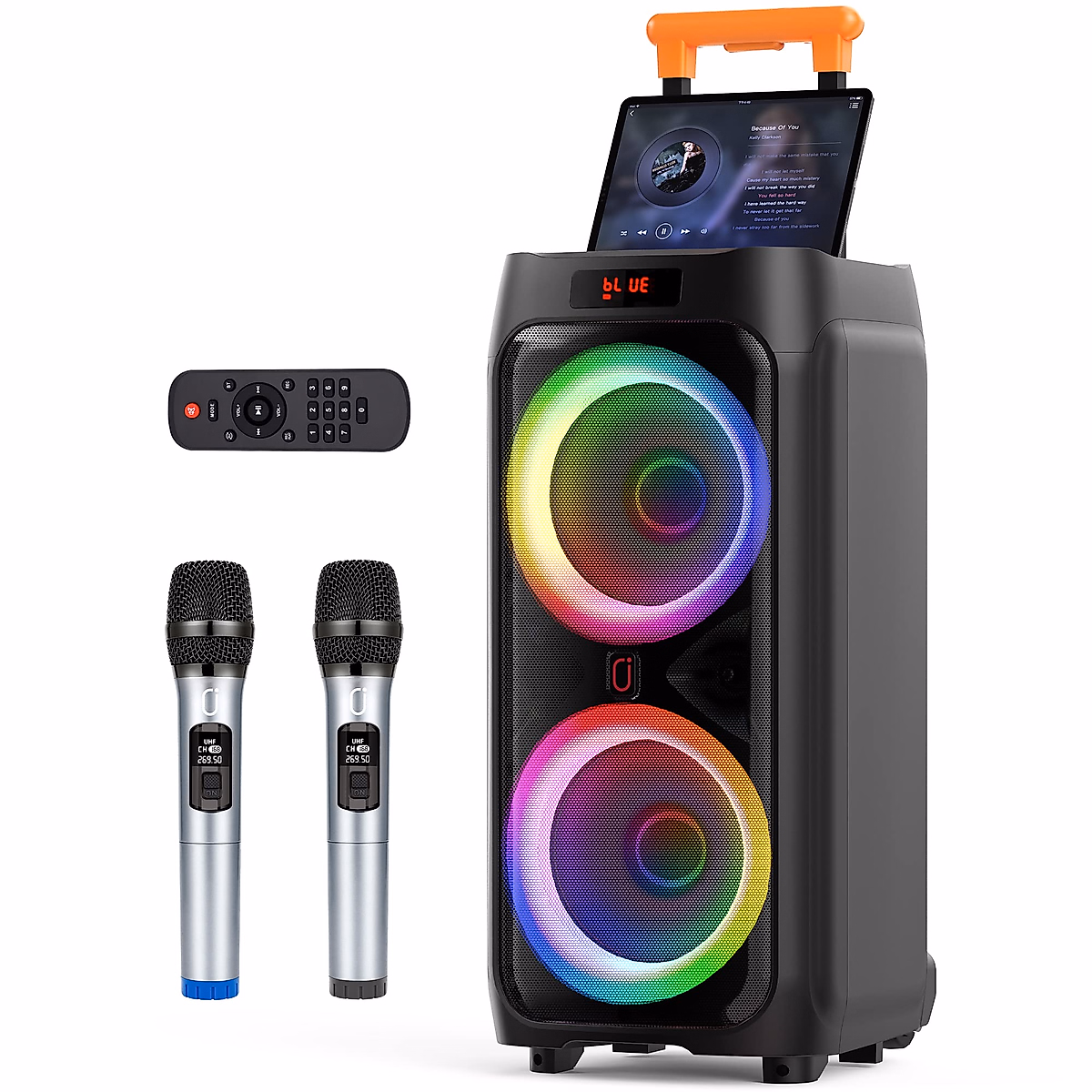 JYX Karaoke Machine with 2 Wireless Microphones for Adults, 8" Big Bluetooth Party Speaker with 500W Peak Power, PA System with LED Disco Light, Rolling Wheels and Trolley, Perfect for Outdoor Home