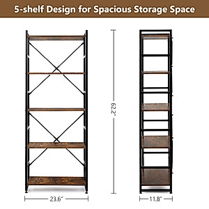 Haton Bookshelf, 5 Tier Industrial Rustic Wood Bookcase, Modern Standing Metal Frame Book Shelf for Living Room, Bedroom and Office, 5-Shelf, Brown/Black